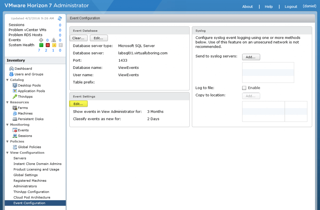 Vmware Horizon View 7 Create Events Database Part 3 Virtually Boring